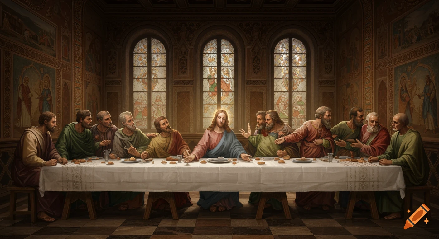 A modern watercolor reinterpretation of The Last Supper showing Jesus ...
