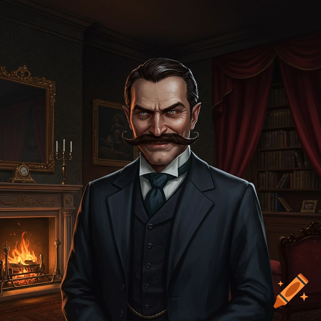 Portrait of a man with a handlebar mustache and sideburns in a brown ...