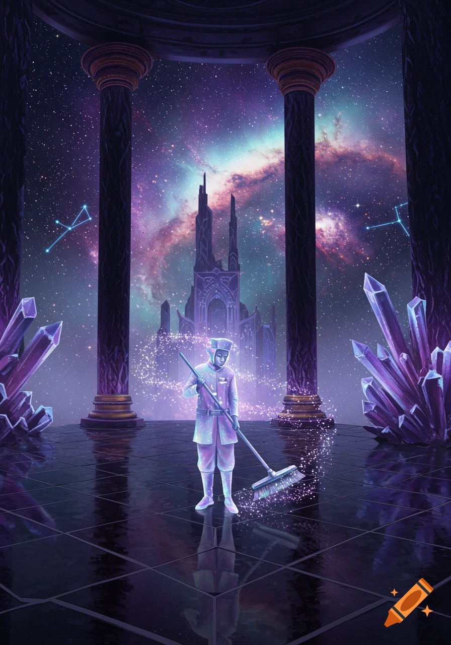 A cosmic janitor sweeps stardust from a shiny floor in a grand purple ...