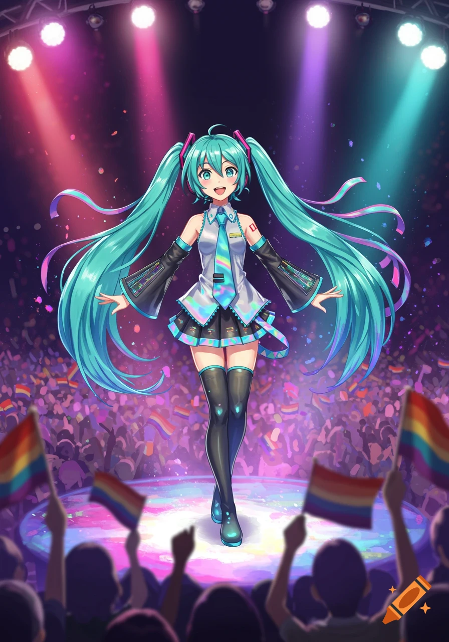 Hatsune Miku, an anime character with long turquoise pigtails, smiles ...