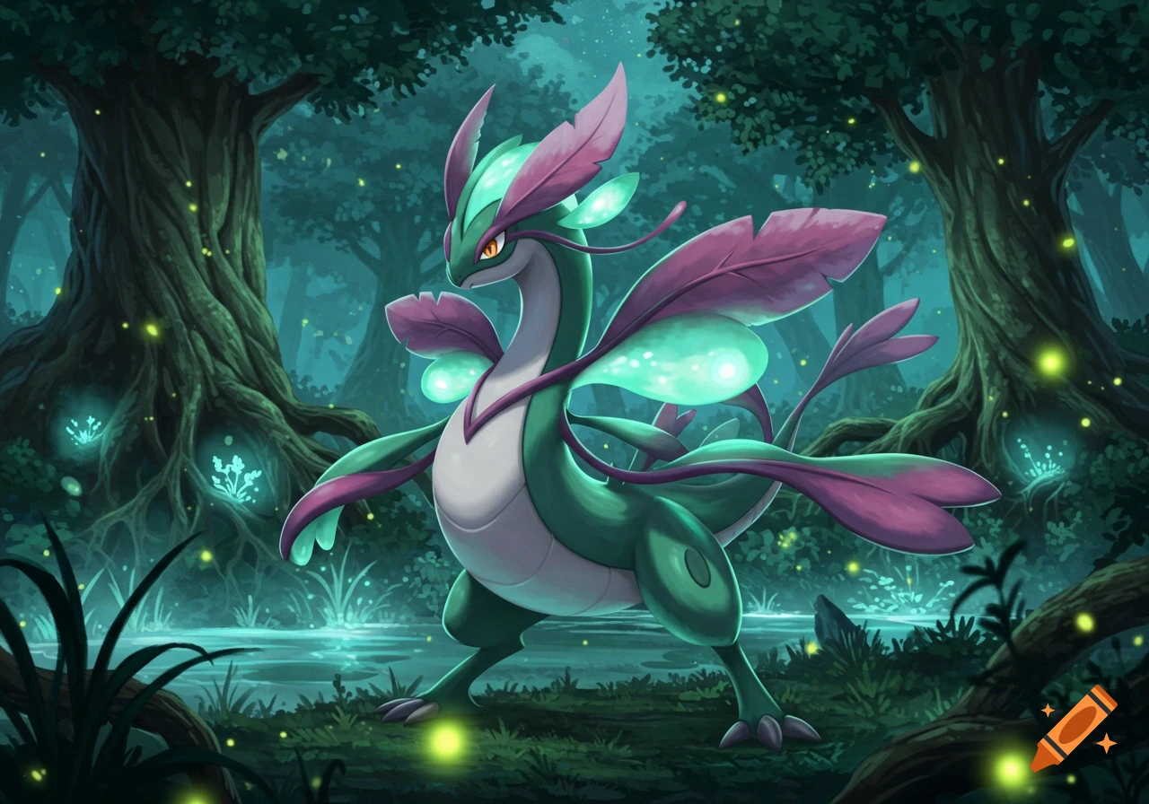 A Gardevoir-like Pokémon stands among glowing plants and twisted vines ...