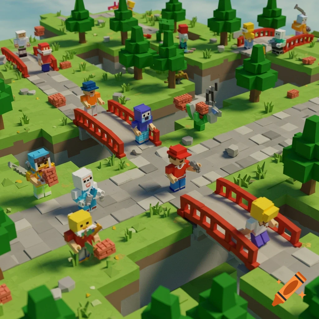 Blocky 3D render of cartoon characters navigating a green, multi-level landscape with pathways ...