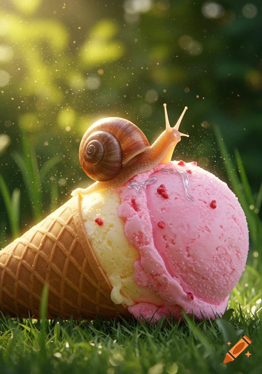 A snail crawls on a melting two-scoop ice cream cone in green grass ...