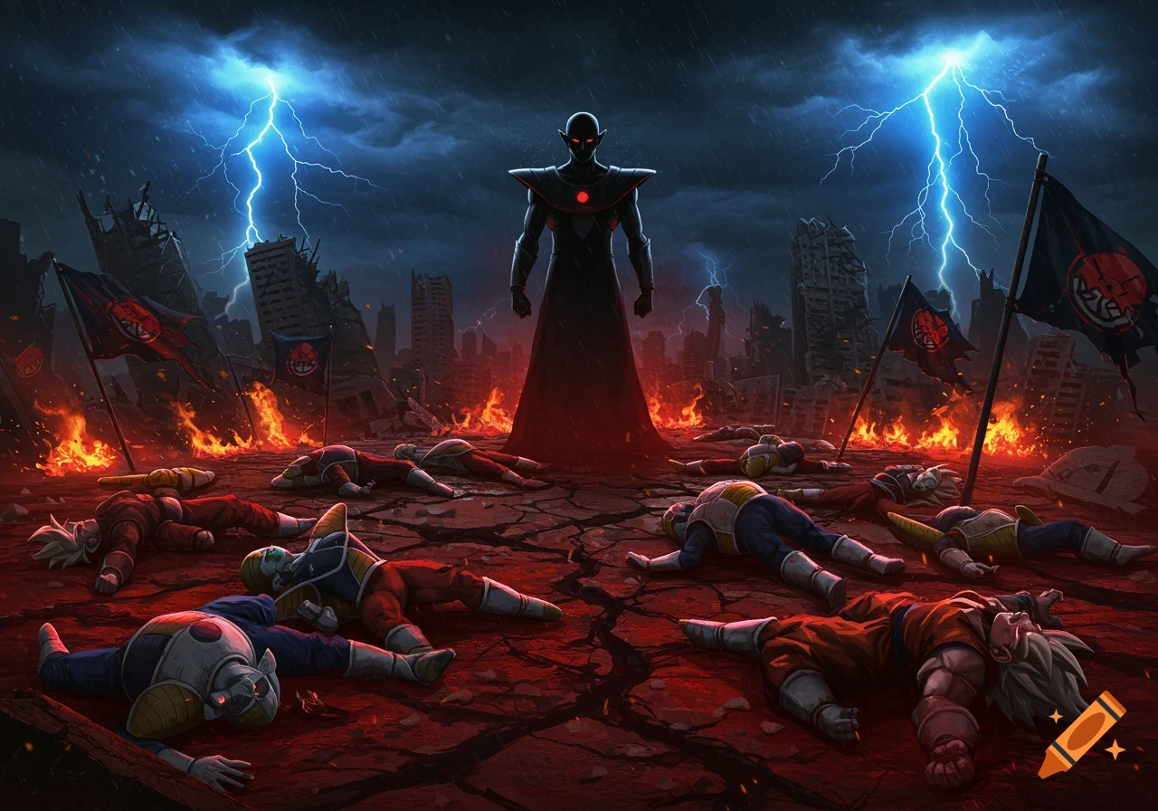 A powerful dark alien figure stands in a devastated city under a stormy ...