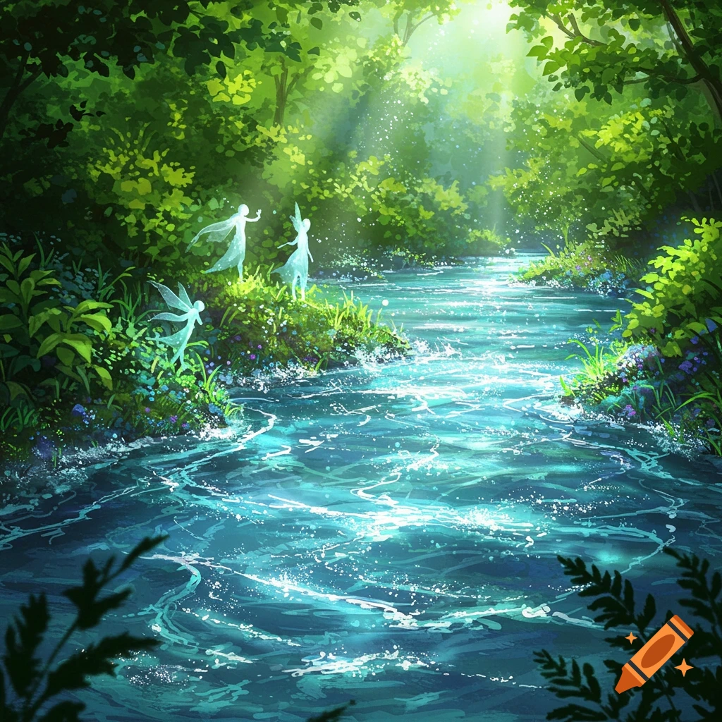 A vibrant, mystical forest scene with a glowing blue river flowing ...
