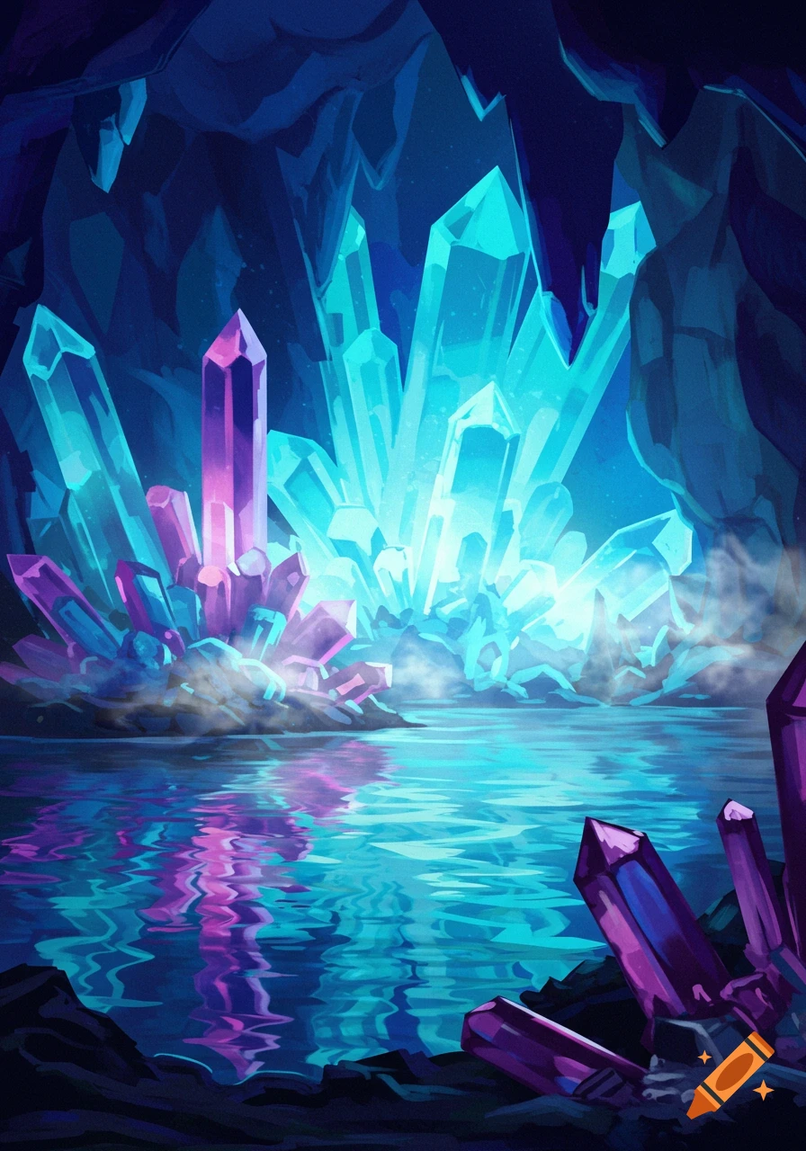 A glowing rainbow heart-shaped gem sits in the center of a dark cave ...