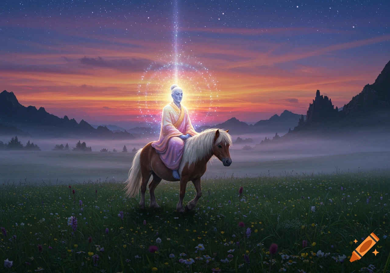 A green alien in a purple cloak rides a starry horse through a fantasy ...