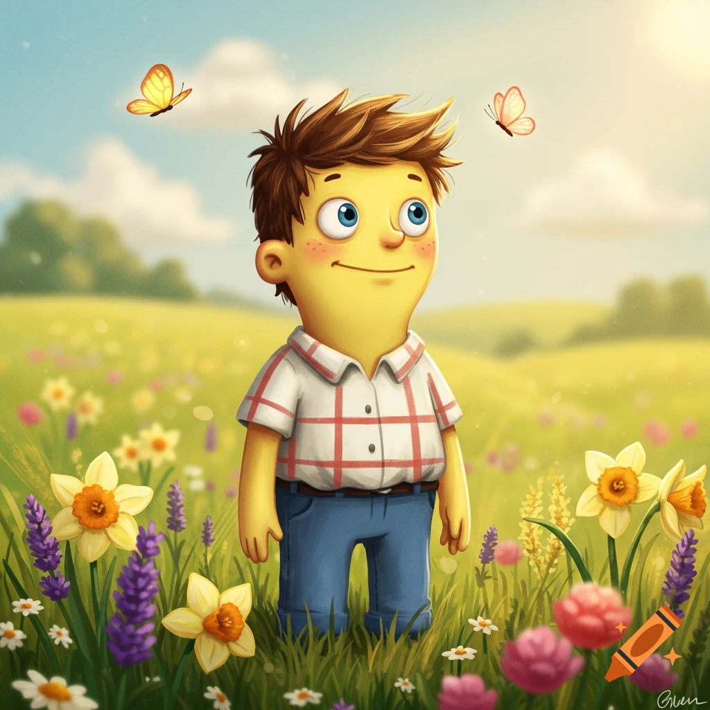 Cartoon illustration of a boy with a peanut head, purple striped shirt ...