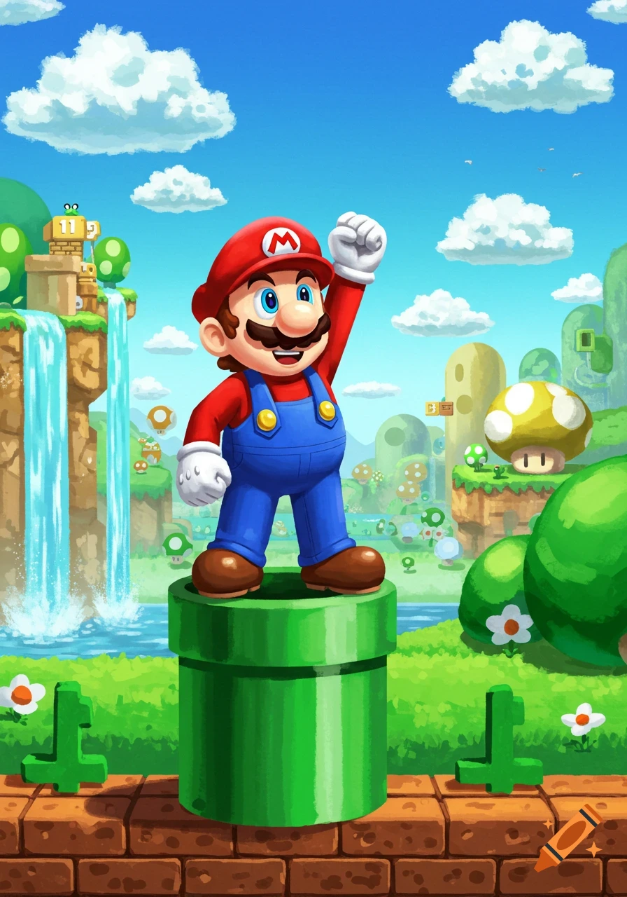 Mario in a red cap and blue overalls, wielding a flamethrower, in a ...