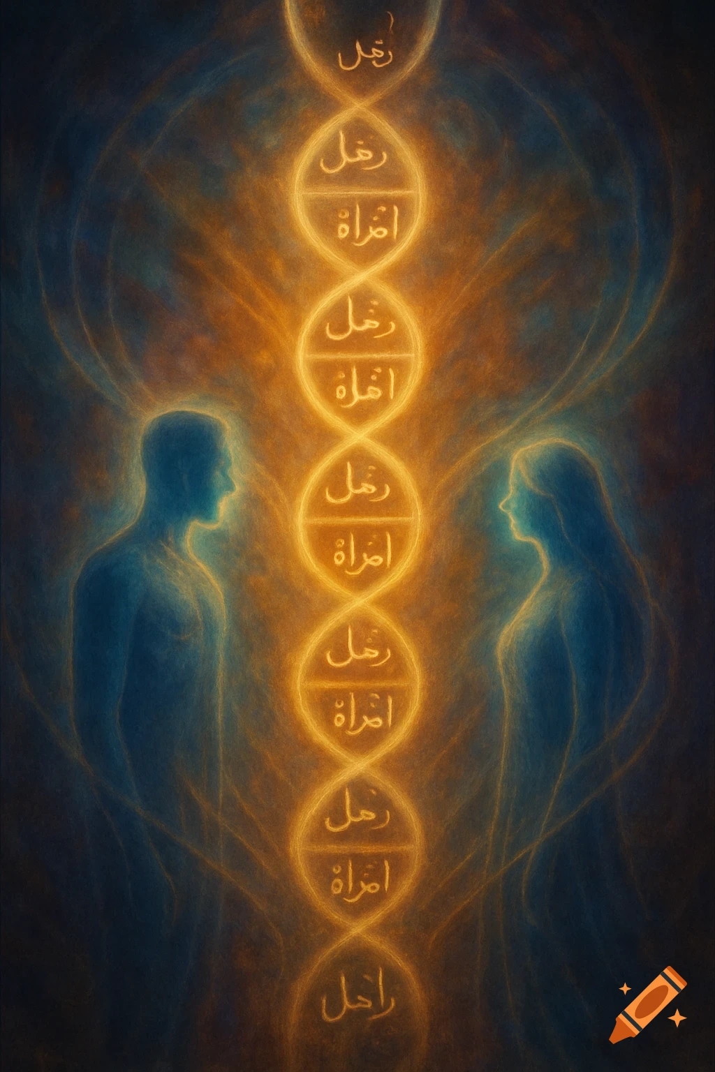 An ancient parchment scroll with glowing blue alien script floats in a ...