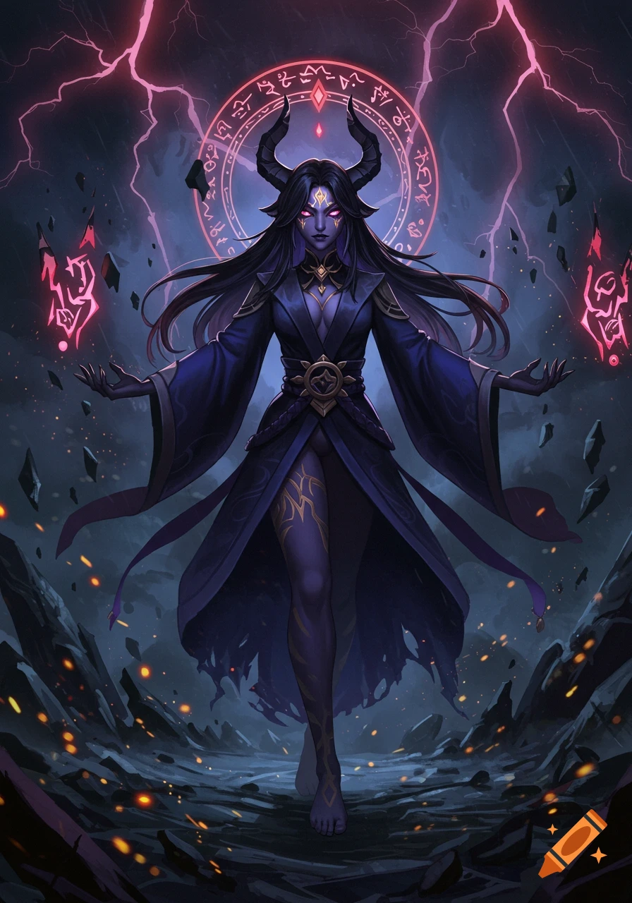 A dark fantasy demoness with horns, purple skin, and glowing eyes in a ...