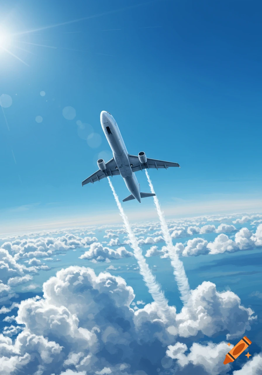 A white passenger airplane flies upwards in a clear blue sky, leaving ...