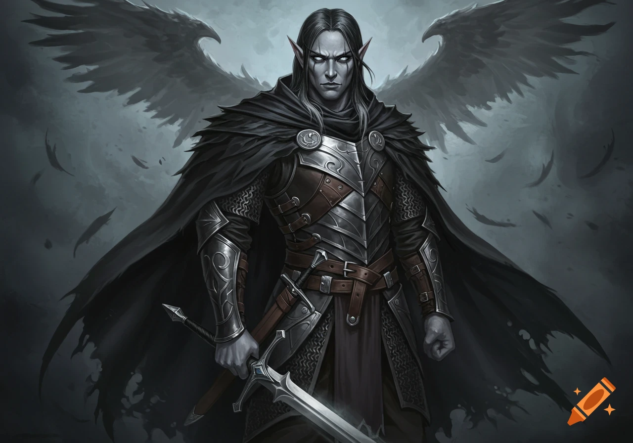 A dark fantasy illustration of a brooding Shadar-Kai elf warrior with gray skin, glowing eyes ...