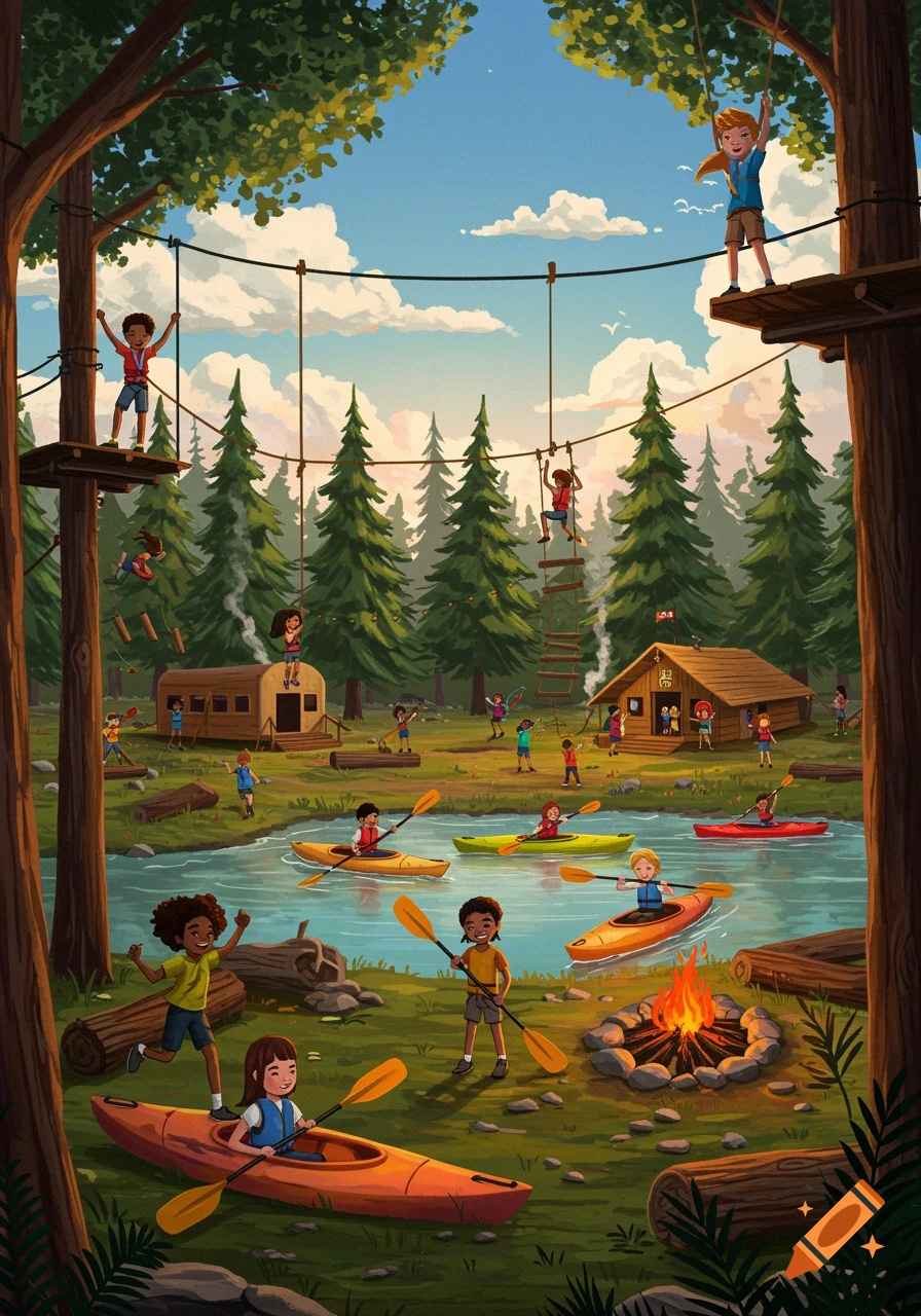 A hand-drawn map of Camp Green Lake showing tents, cabins, a lake, and ...