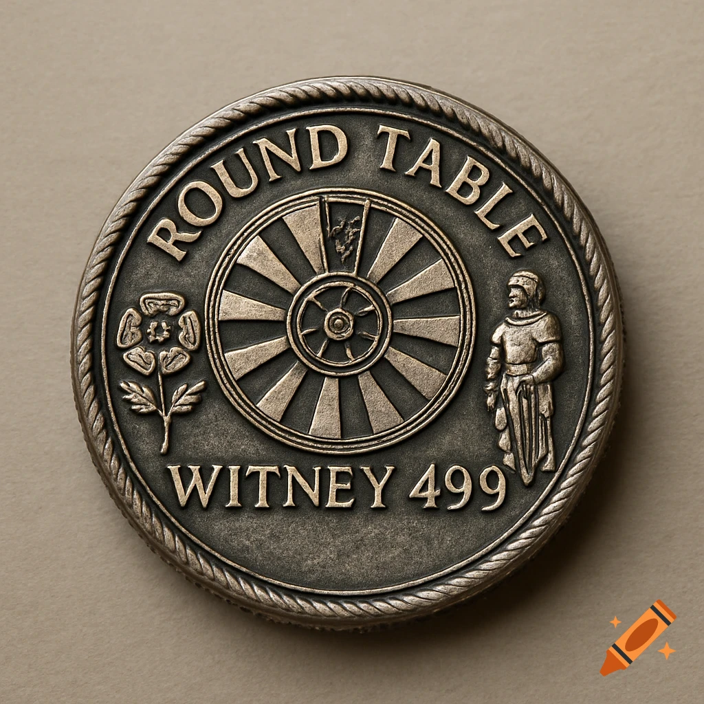 Close-up of an antique silver coin with 'ROUND TABLE WITNEY 499' in ...