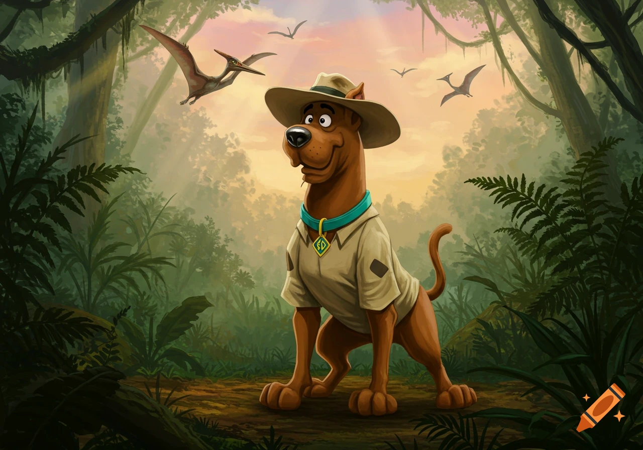 Scooby Doo dressed as Alan Grant in a jungle with pterodactyls flying ...