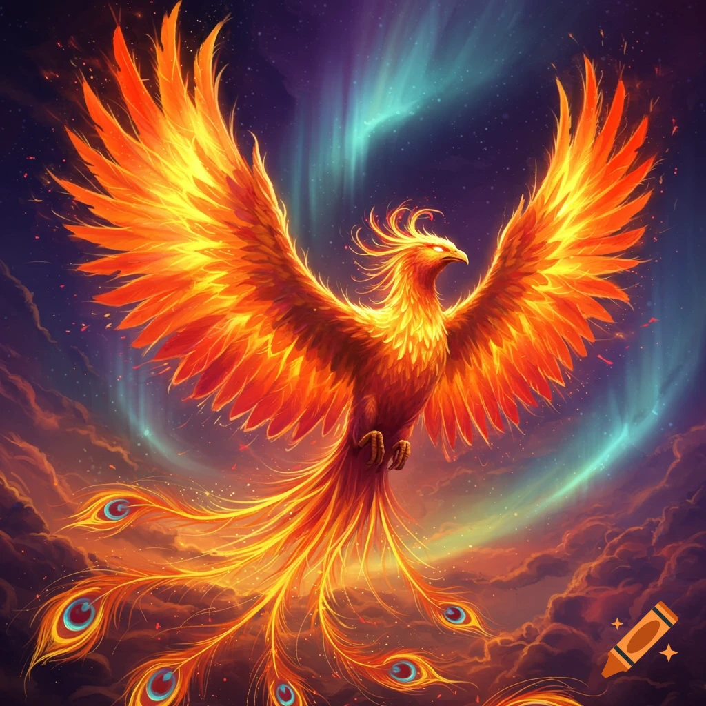 A vibrant, fiery phoenix with outstretched wings soaring through a cosmic sky with aurora and ...