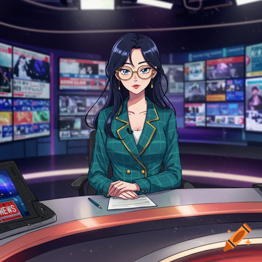 An anime news anchor with dark hair and glasses sits at a desk in a ...