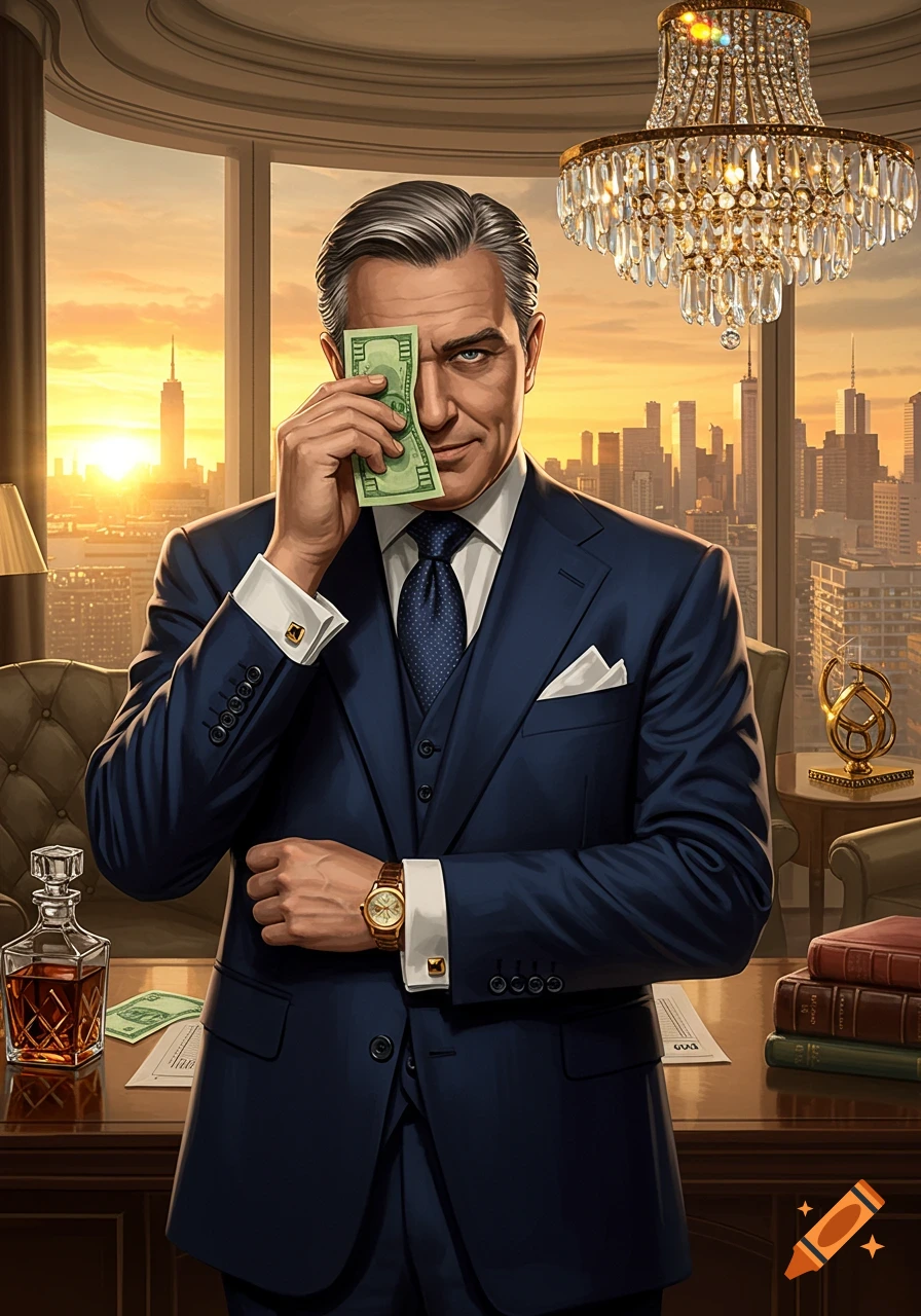 A wealthy man in a suit wipes his forehead with a hundred dollar bill ...