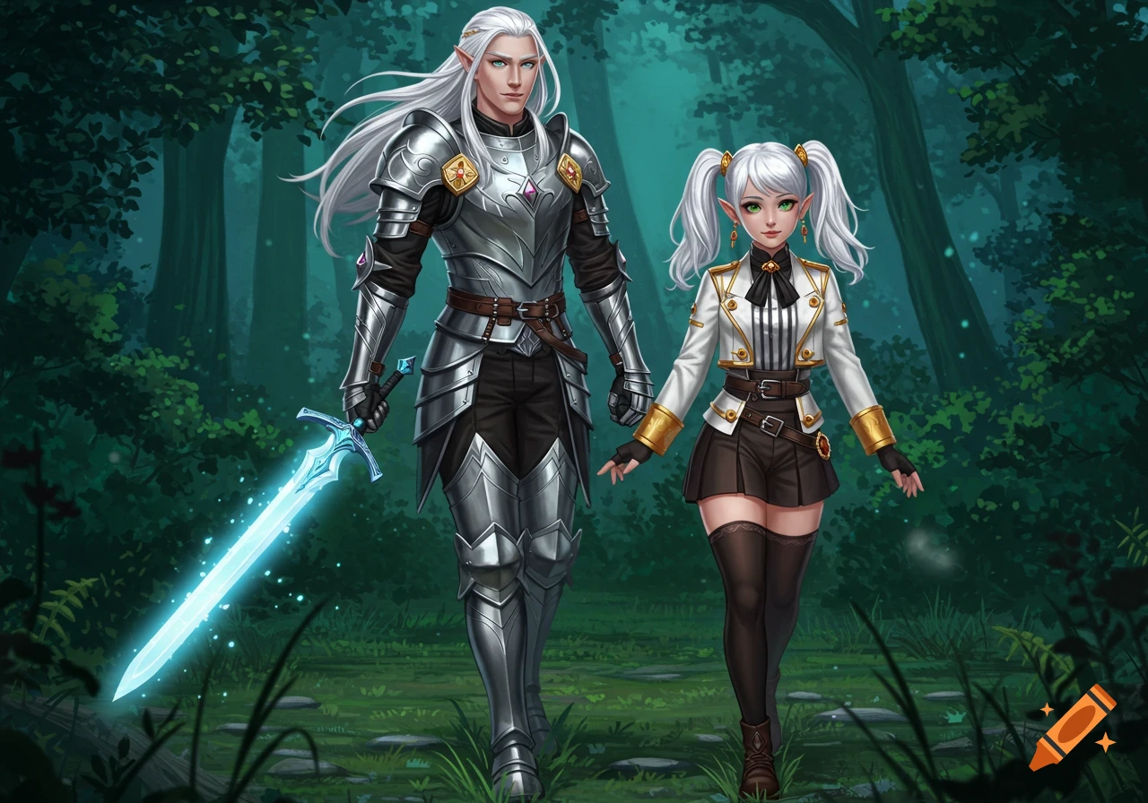 A male elf in silver armor with a glowing sword and a female elf in a ...