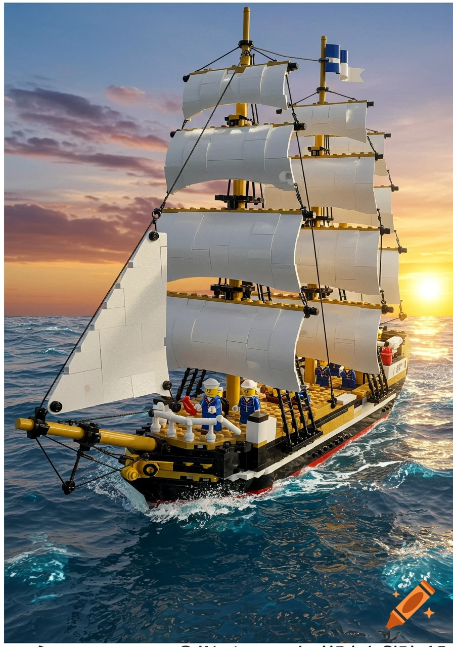 A detailed Lego ship with white sails and minifigure crew sailing on ...