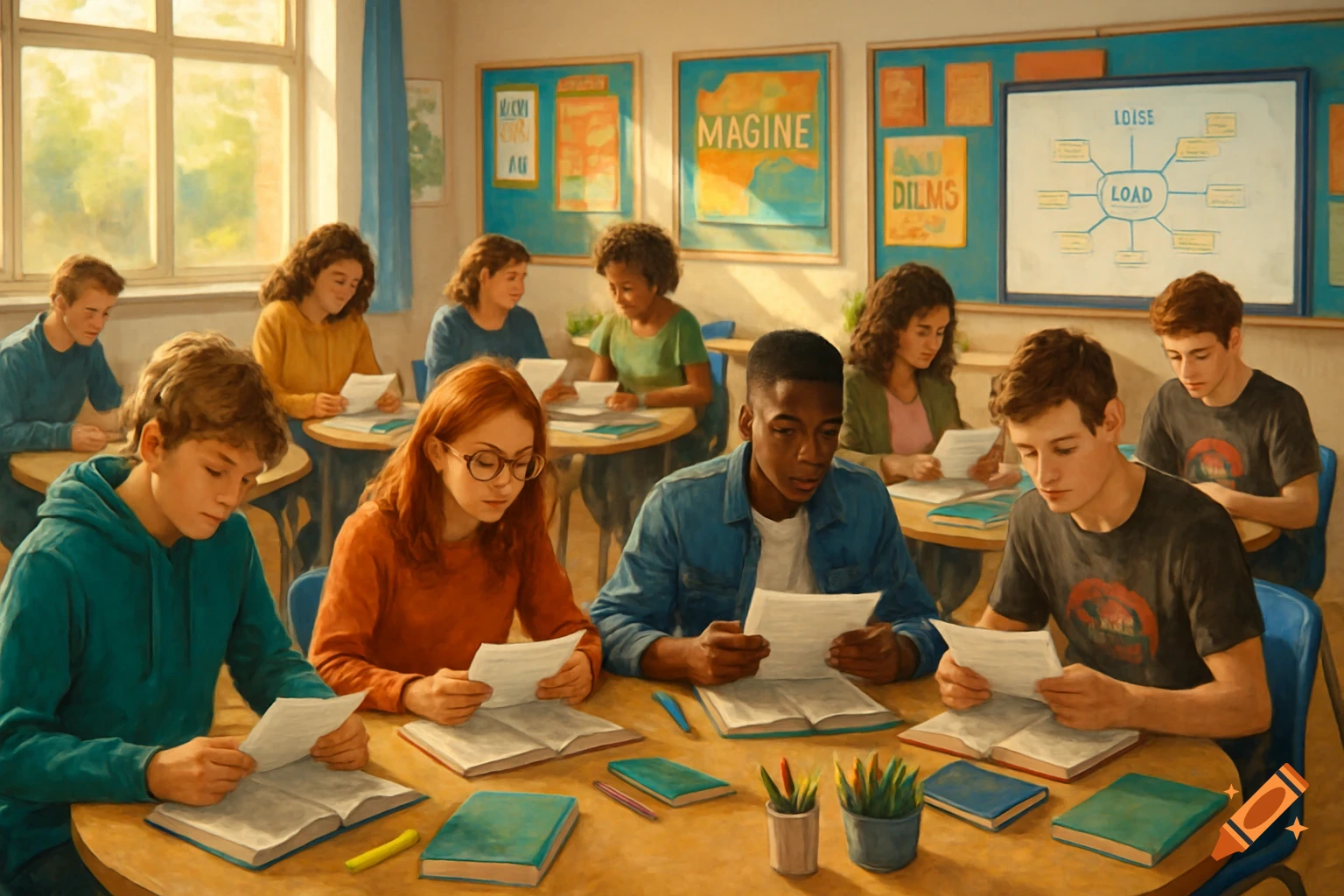 A vibrant classroom scene with diverse children and adults smiling and ...