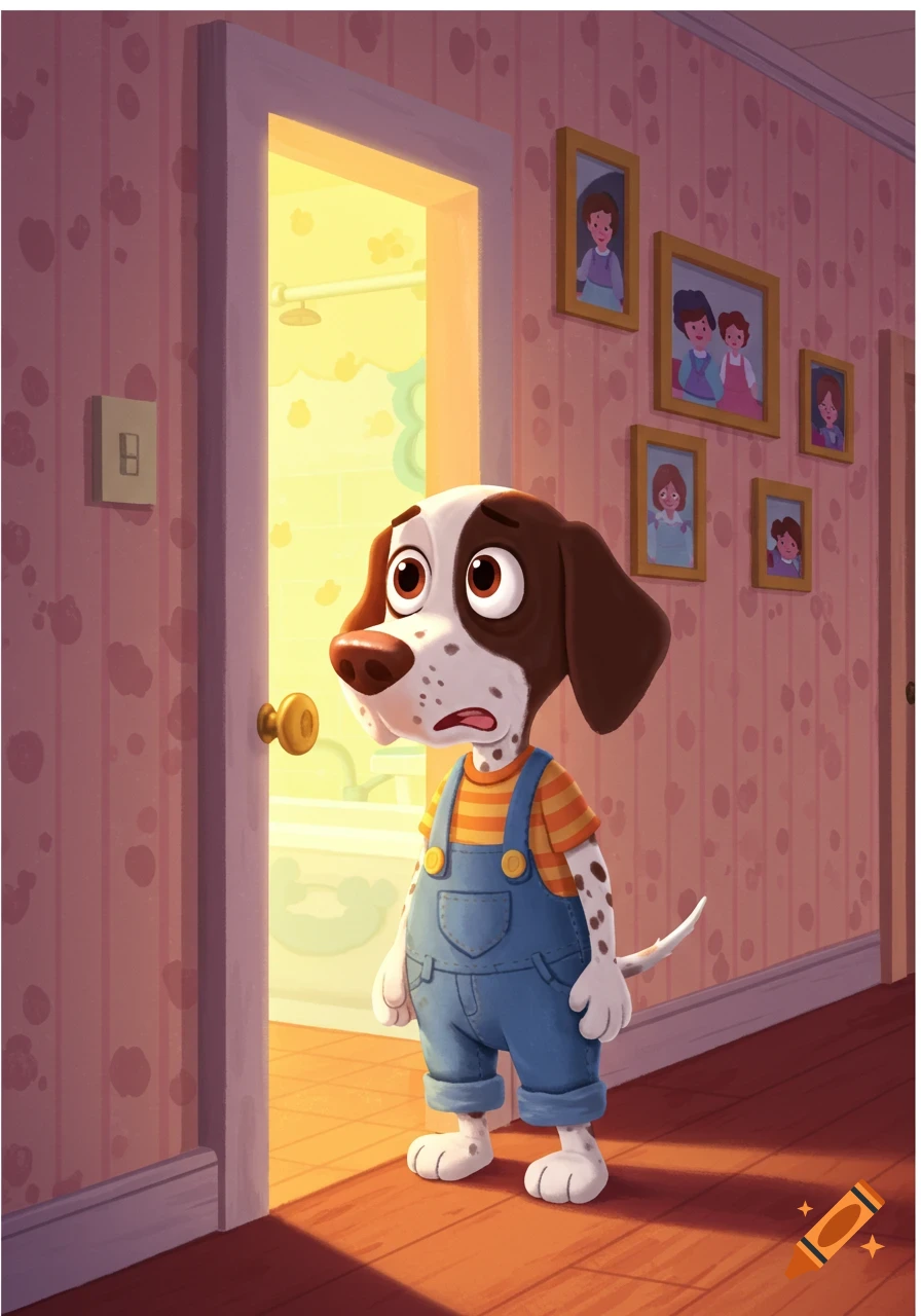 A cartoon dog in a straw hat and red collar shrugs with wide eyes in a ...