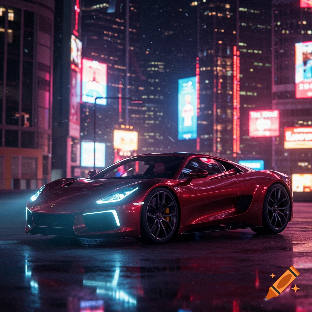 Aerodynamic car in titanium color with orange highlights on Craiyon