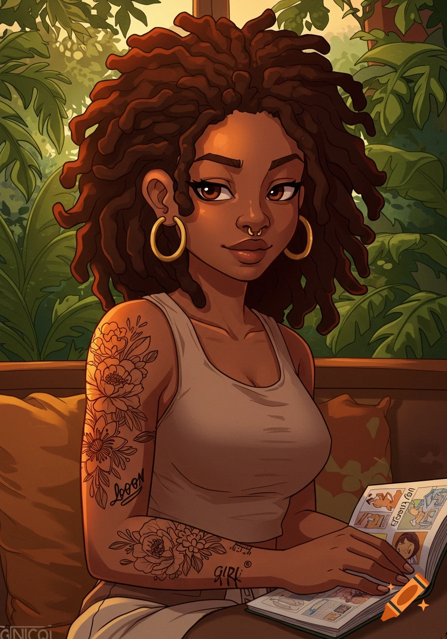 A confident brown-skinned woman with locs and tattoos on her arm ...