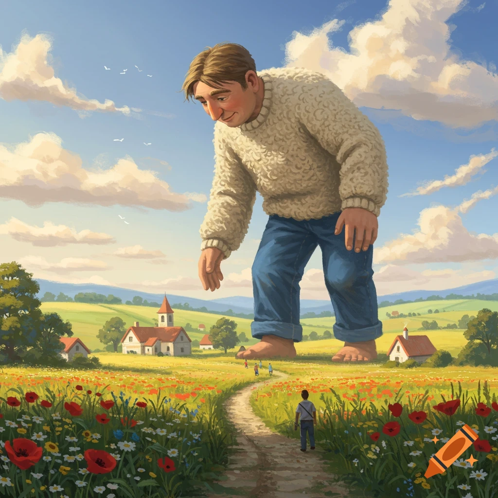 A giant man walks through a rural field with red and white flowers ...