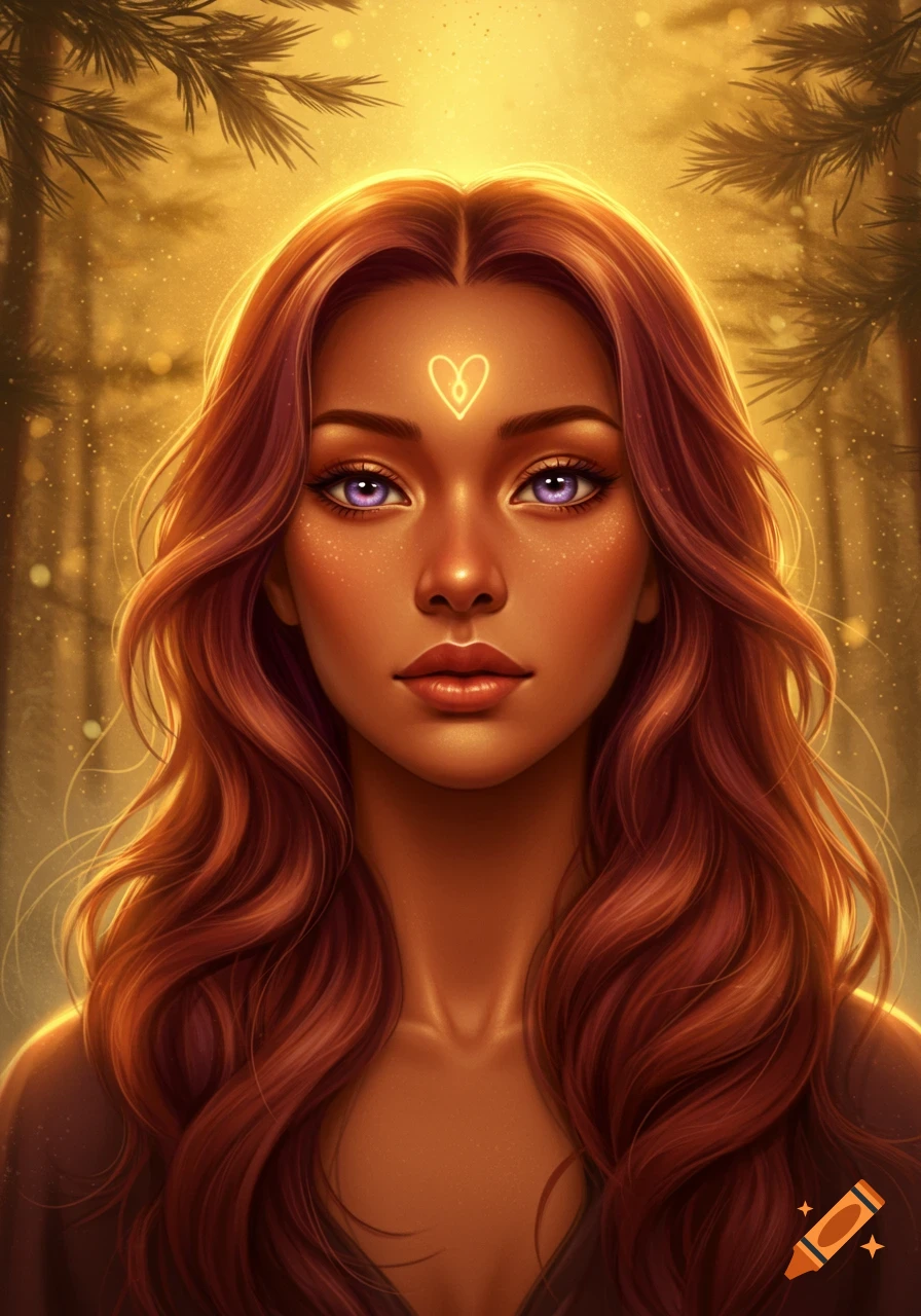 A woman with glowing eyes and a third eye tattoo on her forehead in a ...