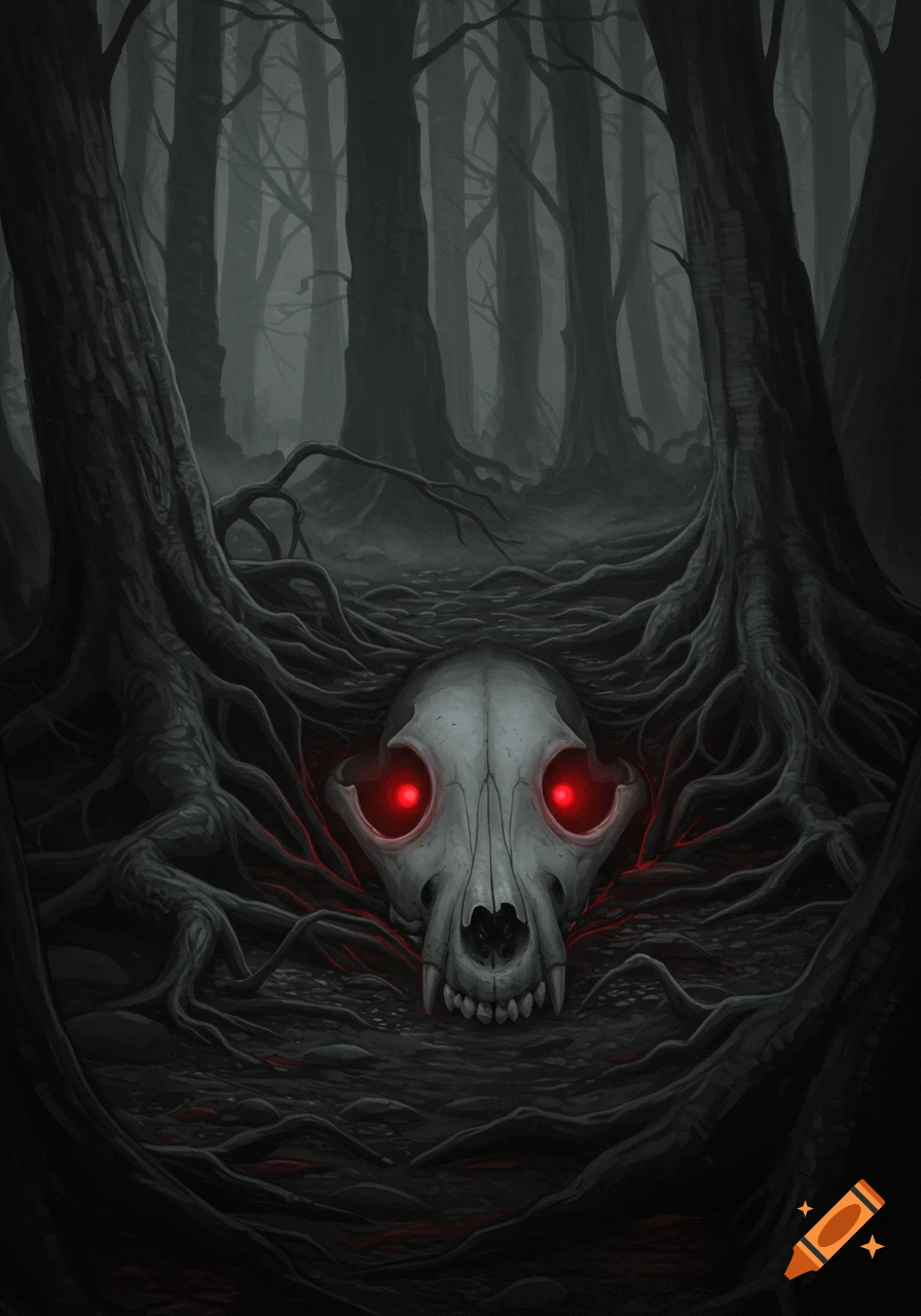 A wolf skull with glowing red eyes nestled among dark, gnarled tree ...