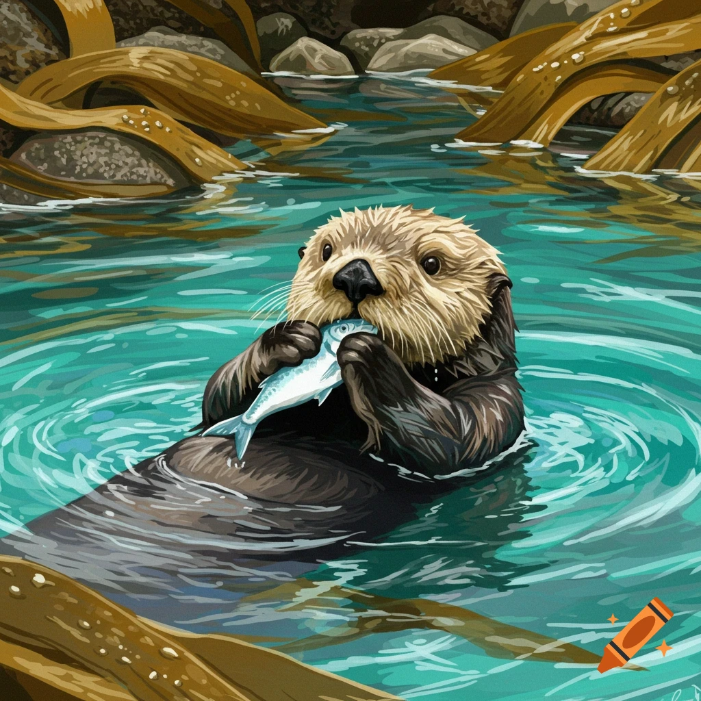 An illustration of a sea otter floating on its back in blue-green water ...
