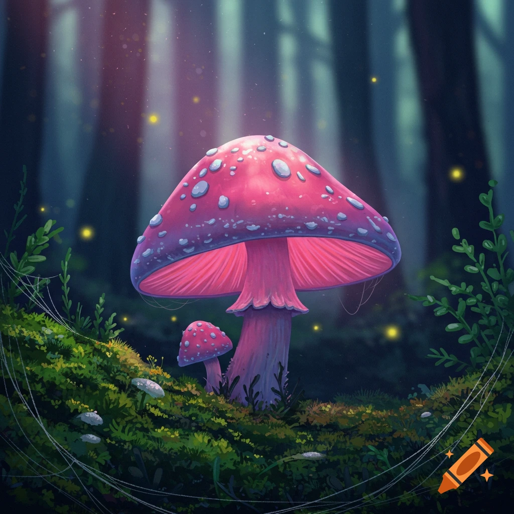 A large glowing pink and purple mushroom and a smaller one stand on mossy ground in a dark ...