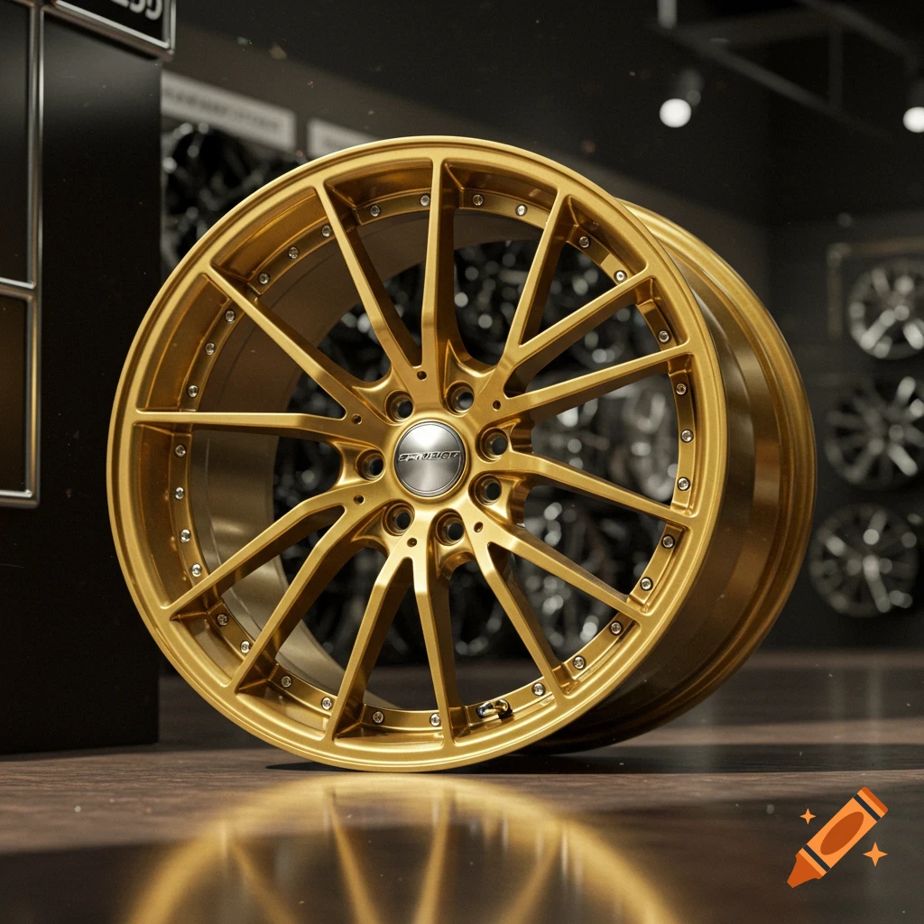 A close-up, photorealistic view of a shiny golden multi-spoke sport car ...