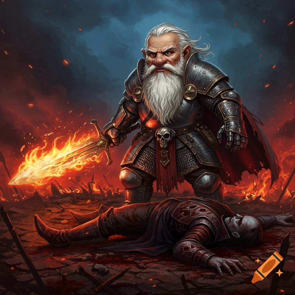 A half-elf magician with fiery red hair, beard, and glowing blue eyes ...