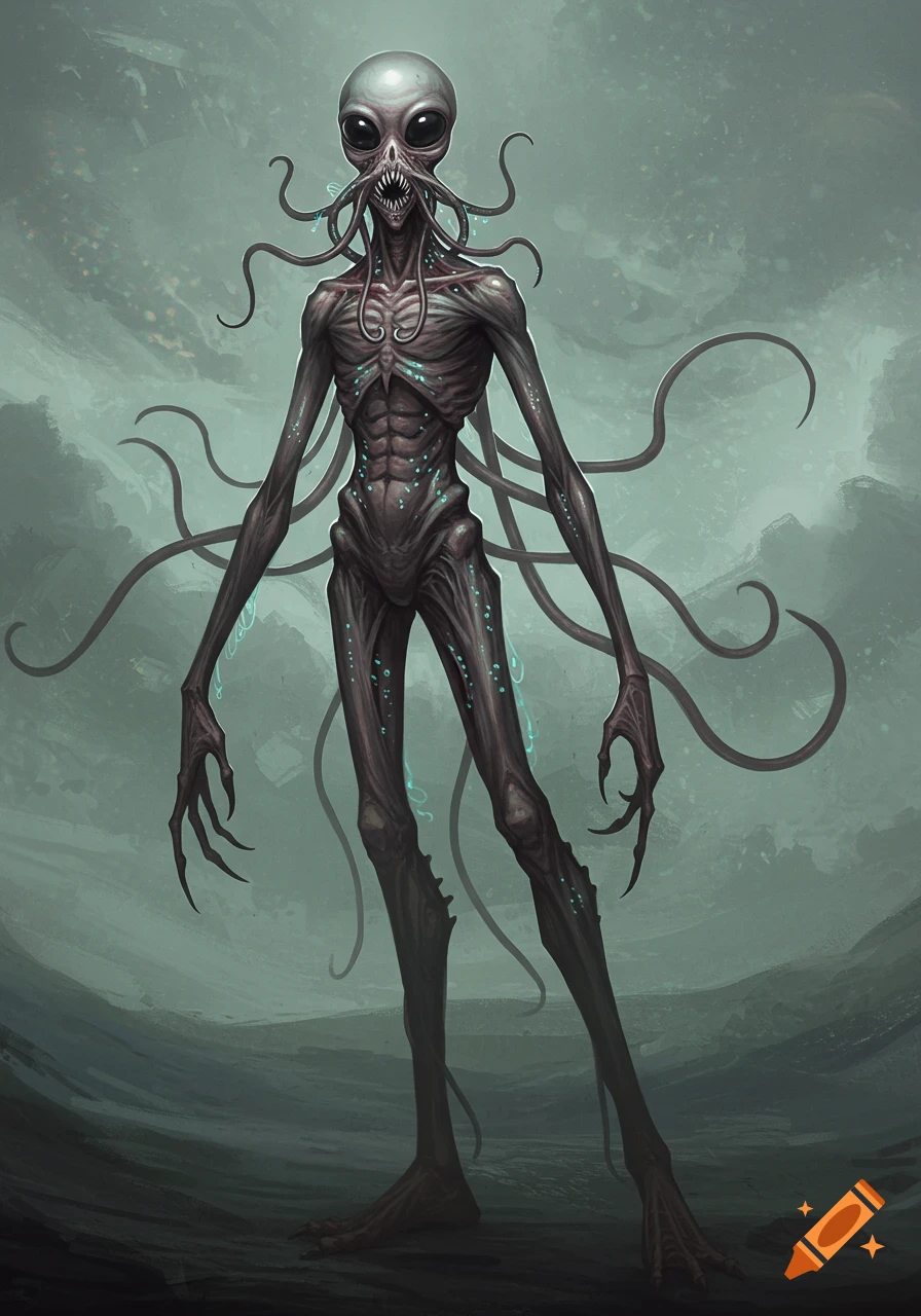 A tall, gaunt alien creature with large black eyes, a mouth with sharp ...