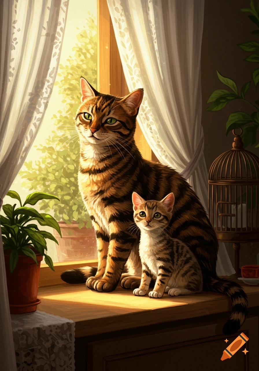 A cute tabby cat wearing a pink hat with a bow sits on a sunlit window ...