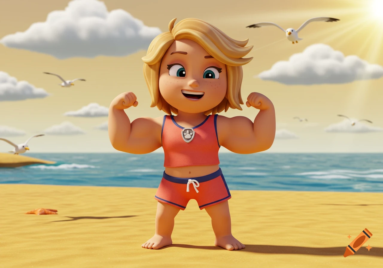 A 3D cartoon woman in a red polka dot bikini and hat flexes muscles on ...