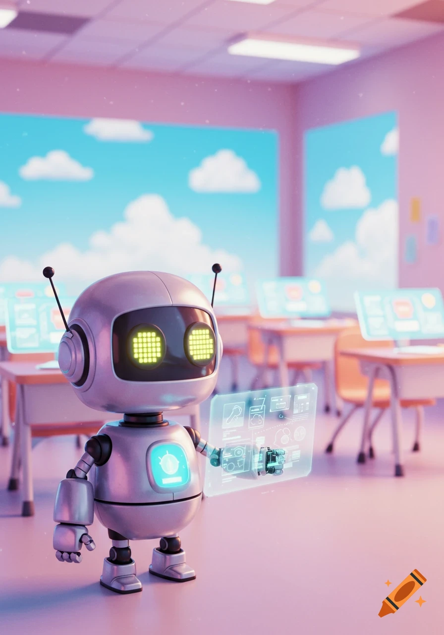 A cute, metallic robot holds a transparent holographic screen in a ...