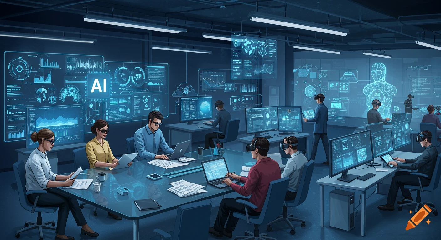 Business professionals in a futuristic boardroom observing a glowing ...