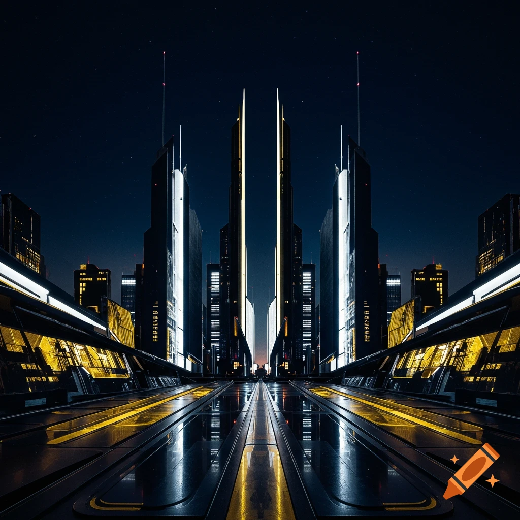 A futuristic cityscape at night with towering, illuminated buildings ...
