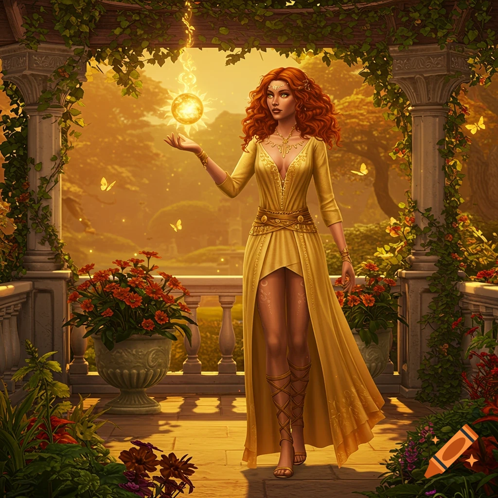 A red-haired sun witch in a gold dress stands on a balcony, holding a ...