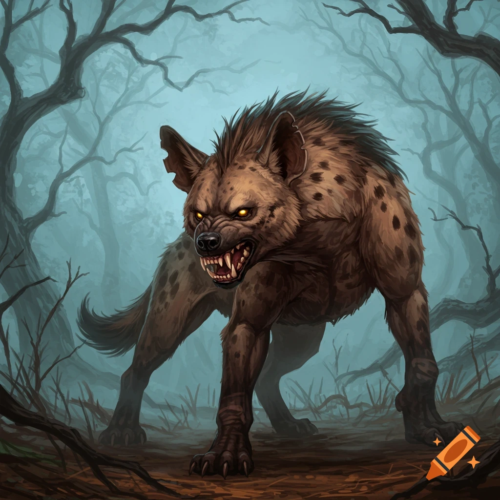 A snarling, spotted hyena-like creature with yellow eyes and long claws ...