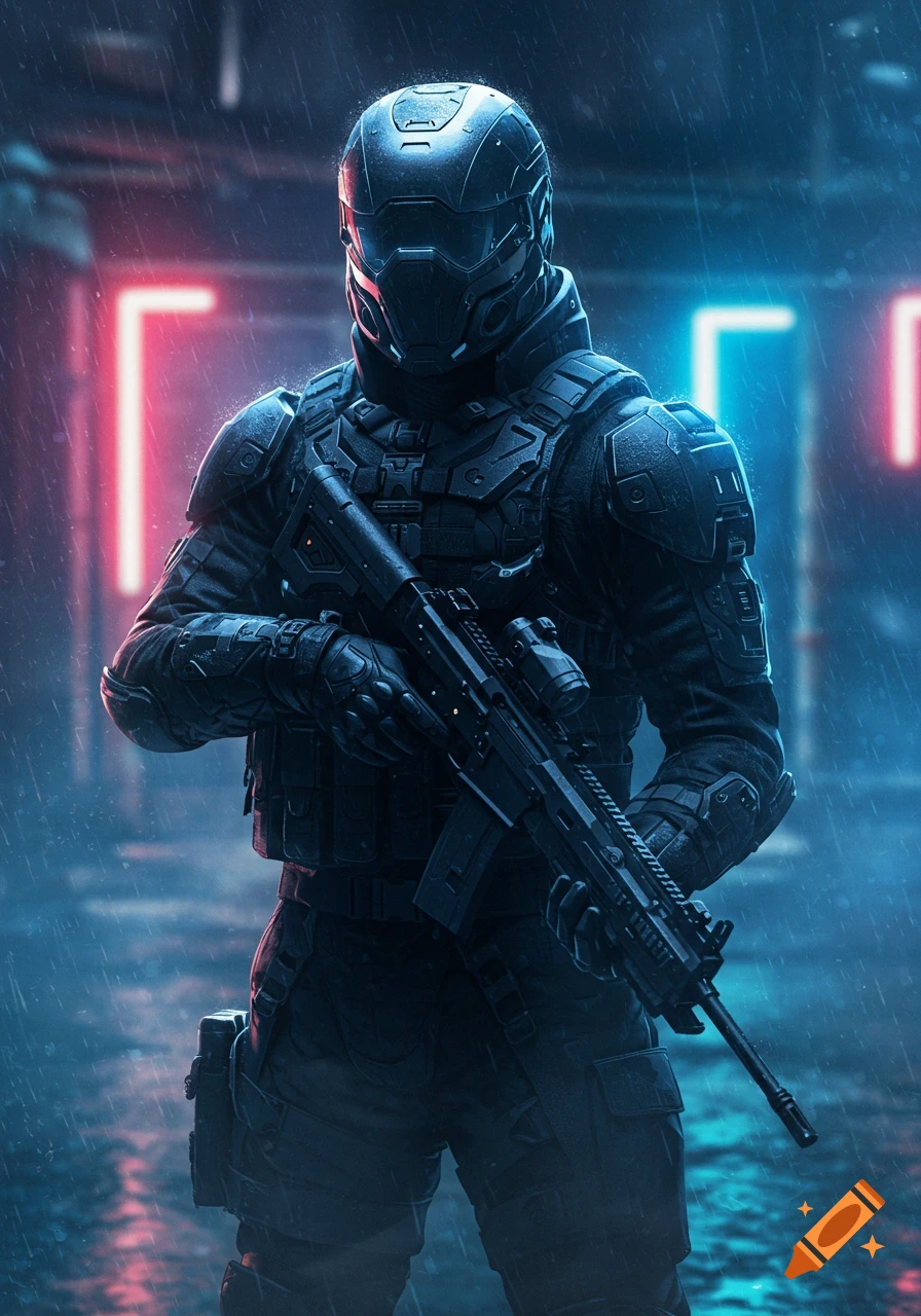 A black bull wearing tactical military gear and orange goggles stands ...