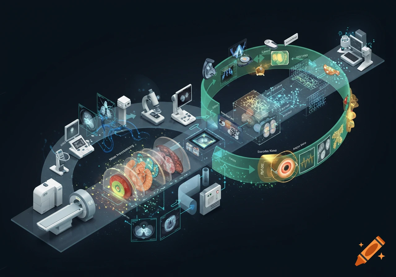 A 3D isometric diagram illustrating an AI medical imaging pipeline, showing CT and MRI scanners ...