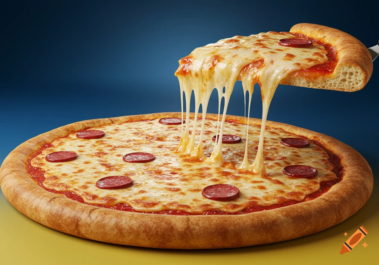 A slice of cheese pizza being lifted from a full pizza, showing melted ...