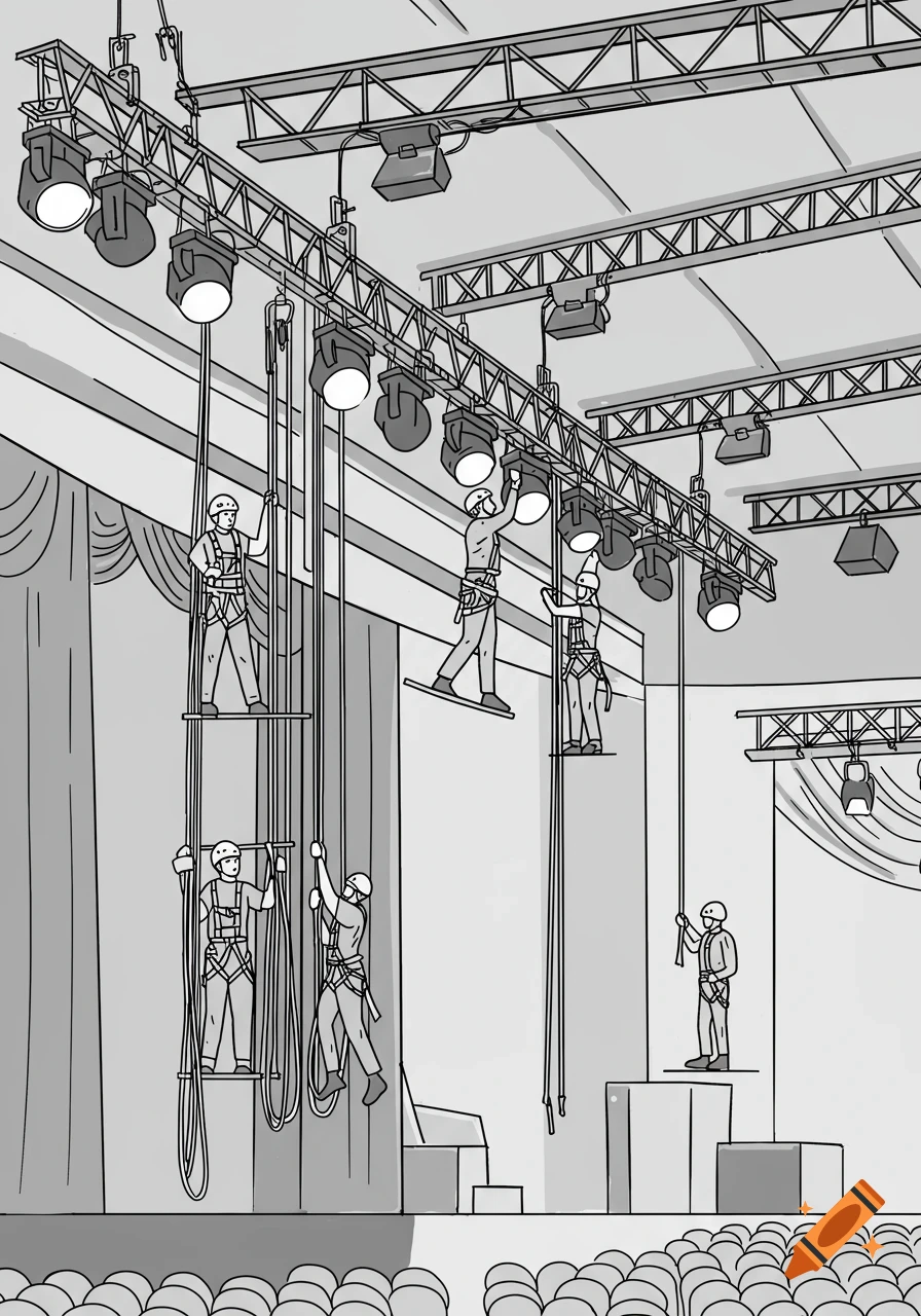 Black and white line art of stagehands hanging a lighting grid and ...