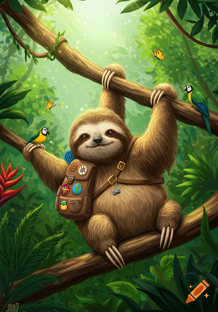 A cartoon sloth with red eyes relaxes on a purple couch, wearing an ...