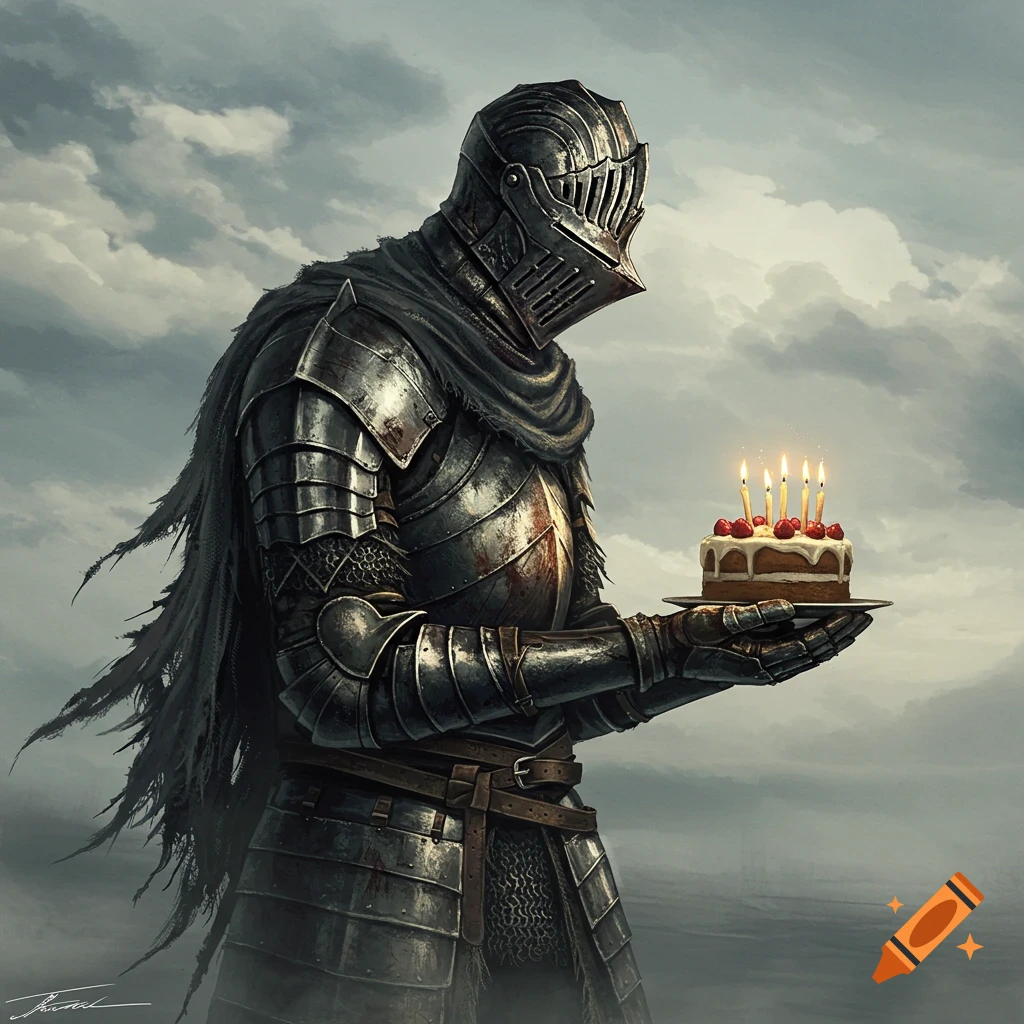 A knight in heavy dark armor holds a small birthday cake with lit ...